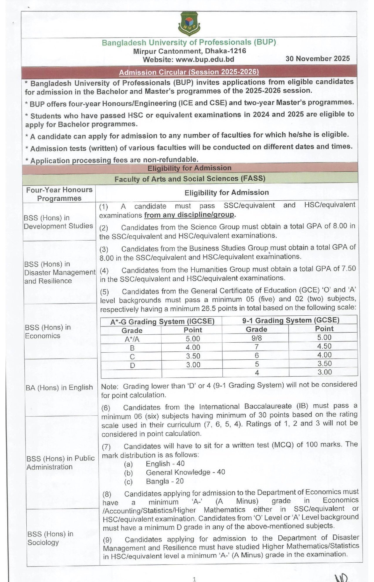 BUP Admission 2025-2026: admission.bup.edu.bd